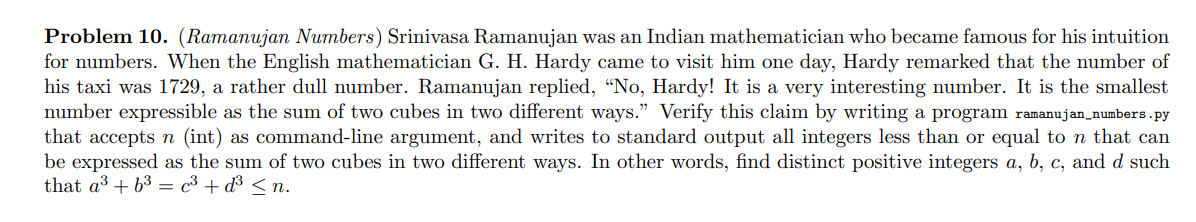 Solved Problem 10. (Ramanujan Numbers) Srinivasa Ramanujan | Chegg.com