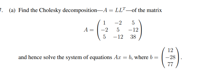 Solved (a) Find the Cholesky decomposition—A −LLT —of the | Chegg.com