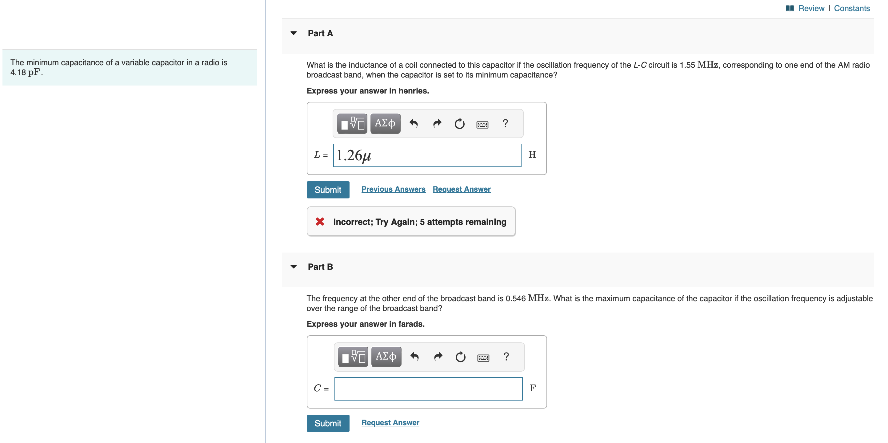 Solved The minimum capacitance of a variable capacitor in a | Chegg.com