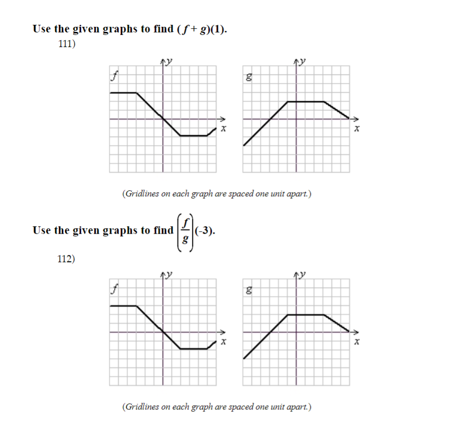 Solved Use the given graphs to find (f+g)(1). 111) | Chegg.com Solved Use the given graphs to find (f+g)(1). 111) | Chegg.com