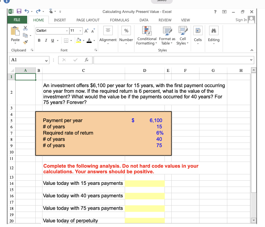 Solved Savcu x] 5 Calculating Annuity Present Value - Excel | Chegg.com