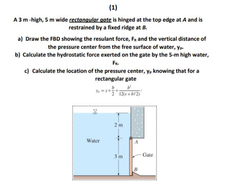 Solved (1) A 3 m-high, 5 m wide rectangular gate is hinged | Chegg.com