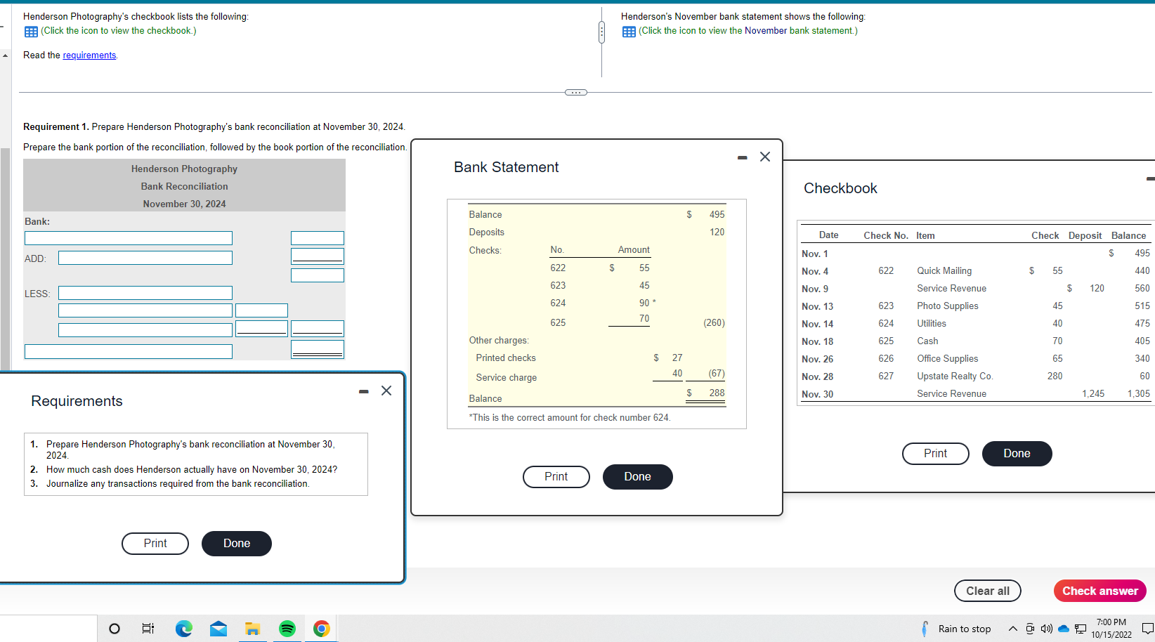 Solved Henderson Photography's checkbook lists the | Chegg.com
