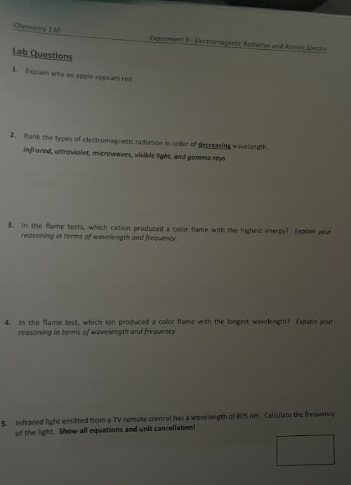 Solved Chemistry 130 Experiment 9. Electromagnetic Radiation | Chegg.com
