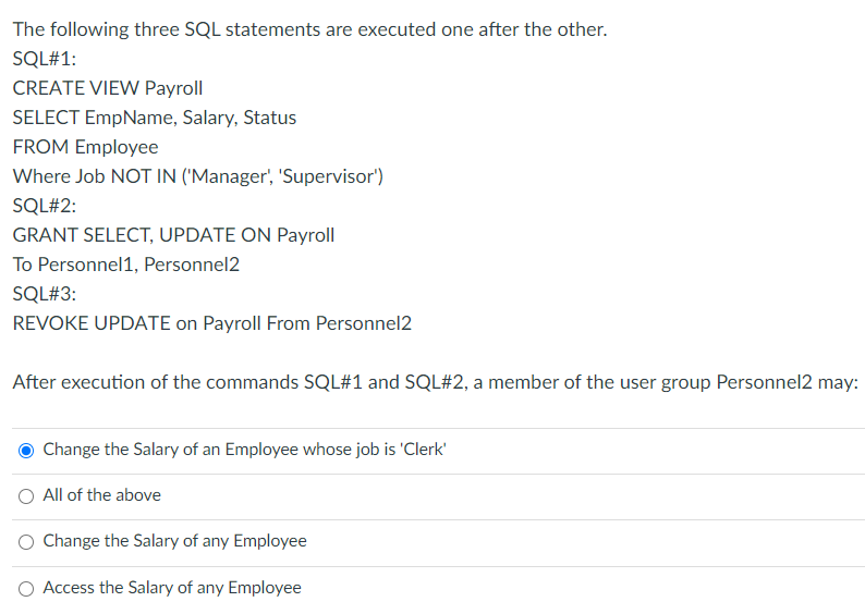 Solved The following three SQL statements are executed one | Chegg.com
