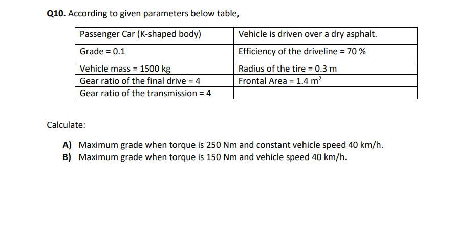 Solved Q10. According to given parameters below table, | Chegg.com