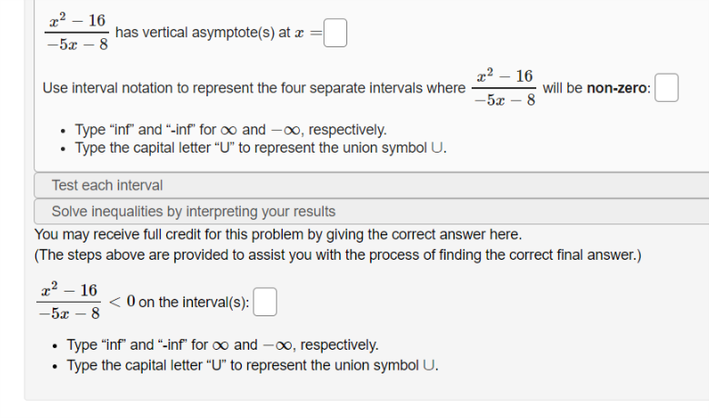 Solved x2 – 16 has vertical asymptote(s) at x = -52 - 8" Use | Chegg.com