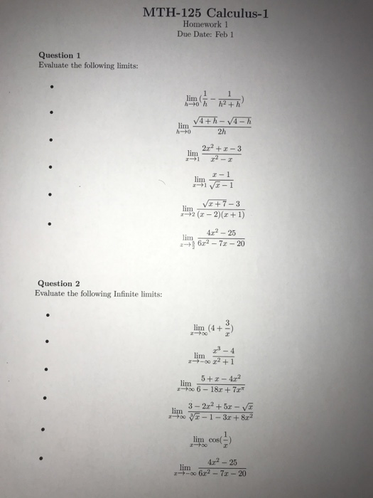 Solved MTH-125 Calculus-1 Homework1 Due Date: Feb 1 Question | Chegg.com