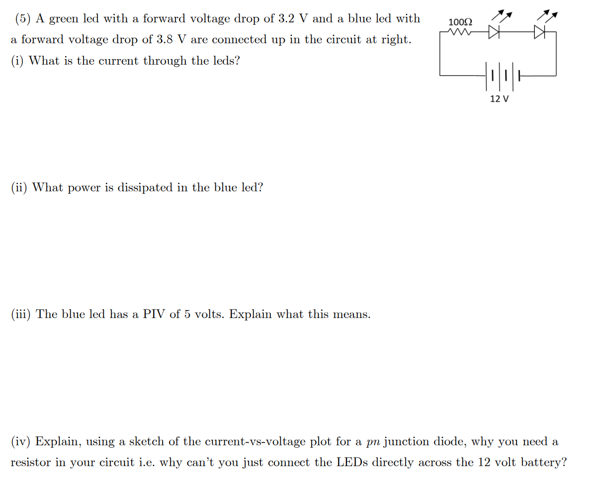 Solved (5) ﻿A green led with a forward voltage drop of 3.2 | Chegg.com