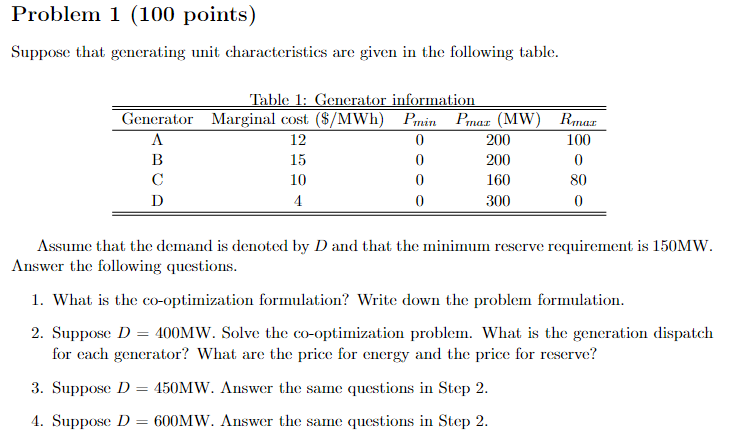 Suppose that generating unit characteristics are | Chegg.com