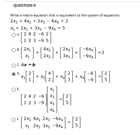 Solved QUESTION 9 Write a matrix equation that is equivalent | Chegg.com