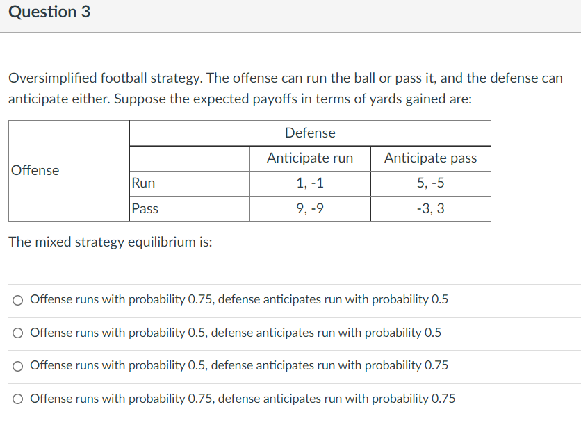 Solved Question 3 Oversimplified football strategy. The | Chegg.com