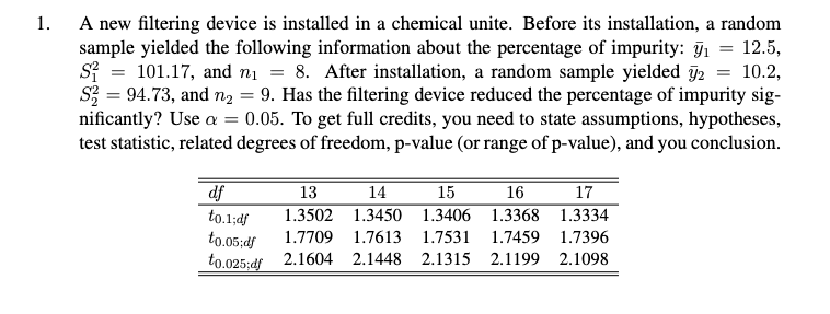 Solved A new filtering device is installed in a chemical | Chegg.com
