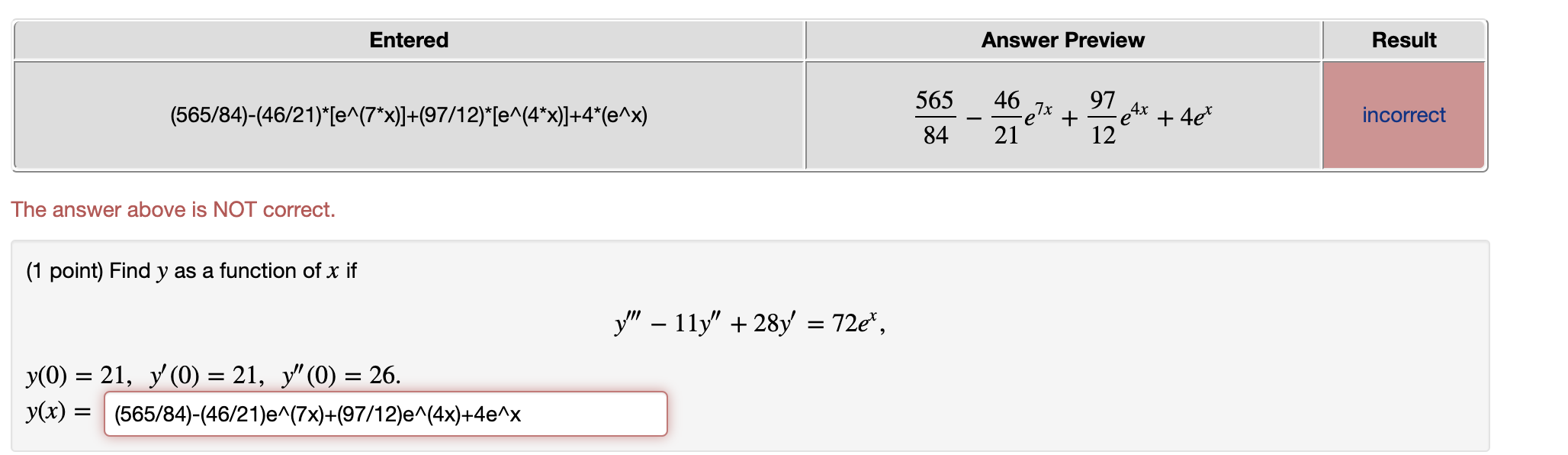 Solved Find y as a function of x if y‴−11y″+28y′=72ex, | Chegg.com