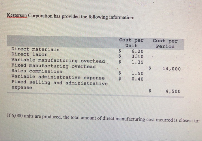 Solved Kesterson Corporation has provided the following | Chegg.com