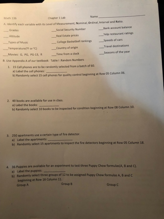 Solved Math 136 Chapter 1 Lab Name A Identify each variable | Chegg.com