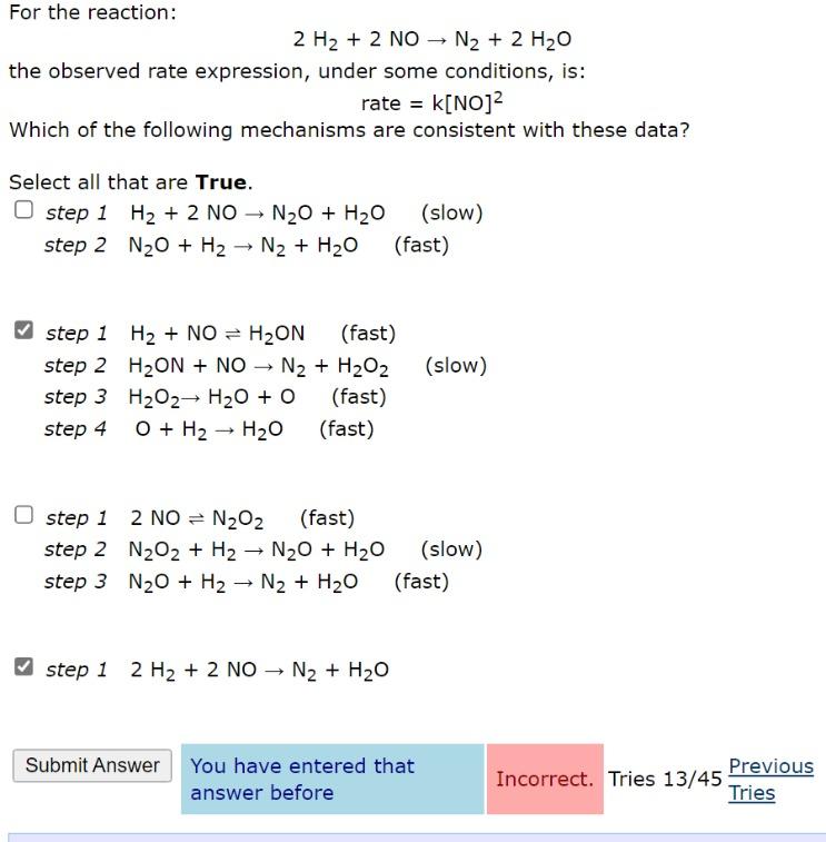 Solved 2H2+2NO→N2+2H2O the observed rate expression, under | Chegg.com