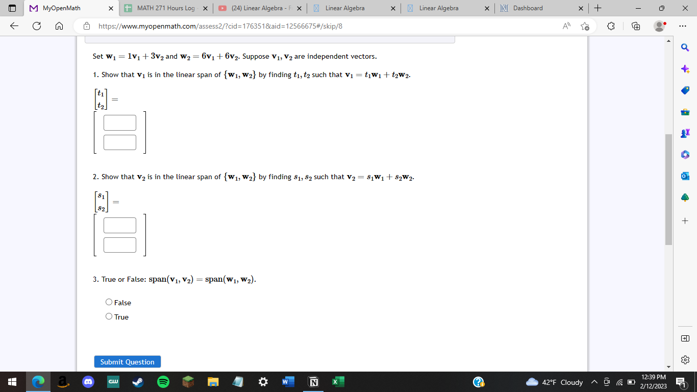 Set w1=1v1+3v2 and w2=6v1+6v2. Suppose v1,v2 are | Chegg.com