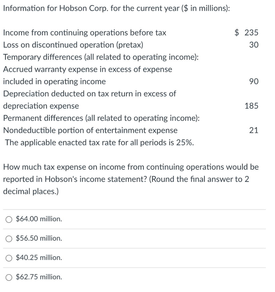 Solved How much tax expense on income from continuing | Chegg.com