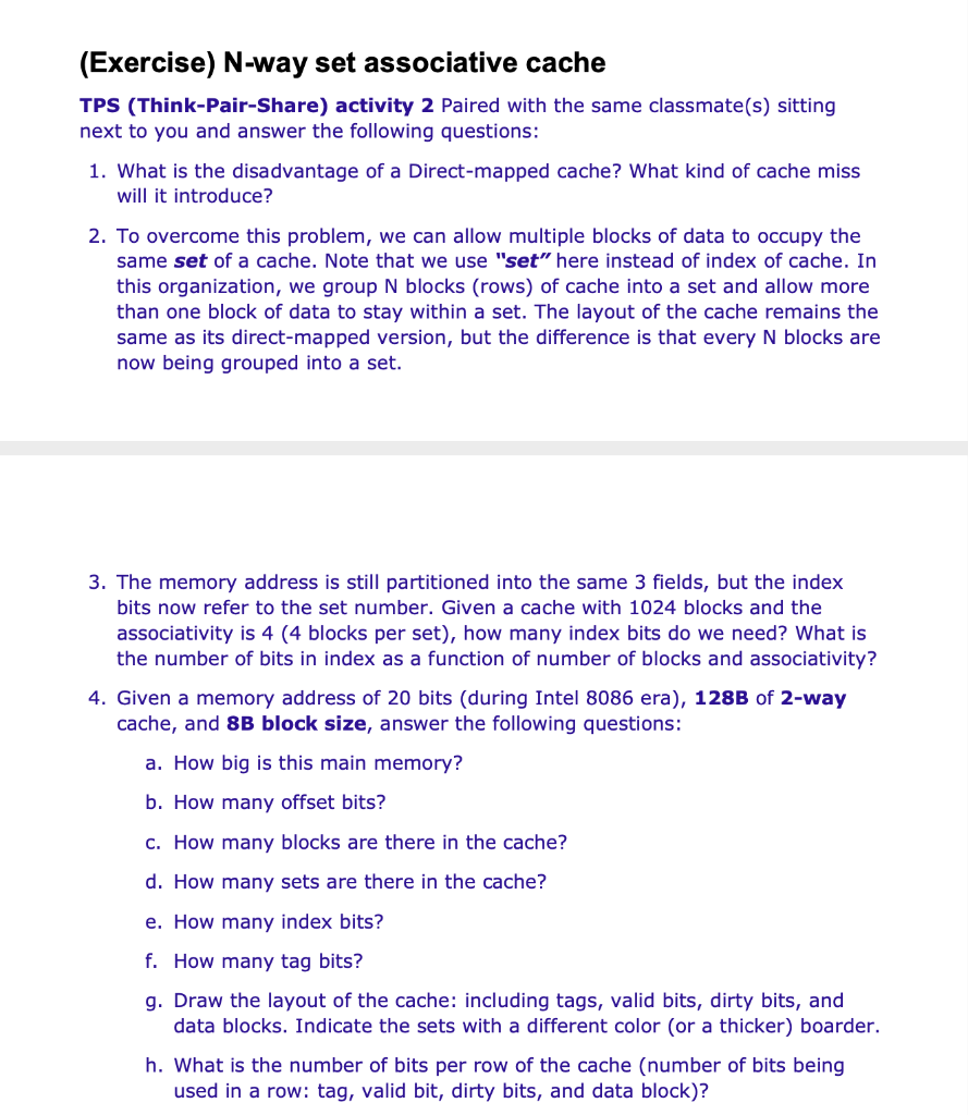 Solved (Exercise) N-way set associative cache TPS | Chegg.com