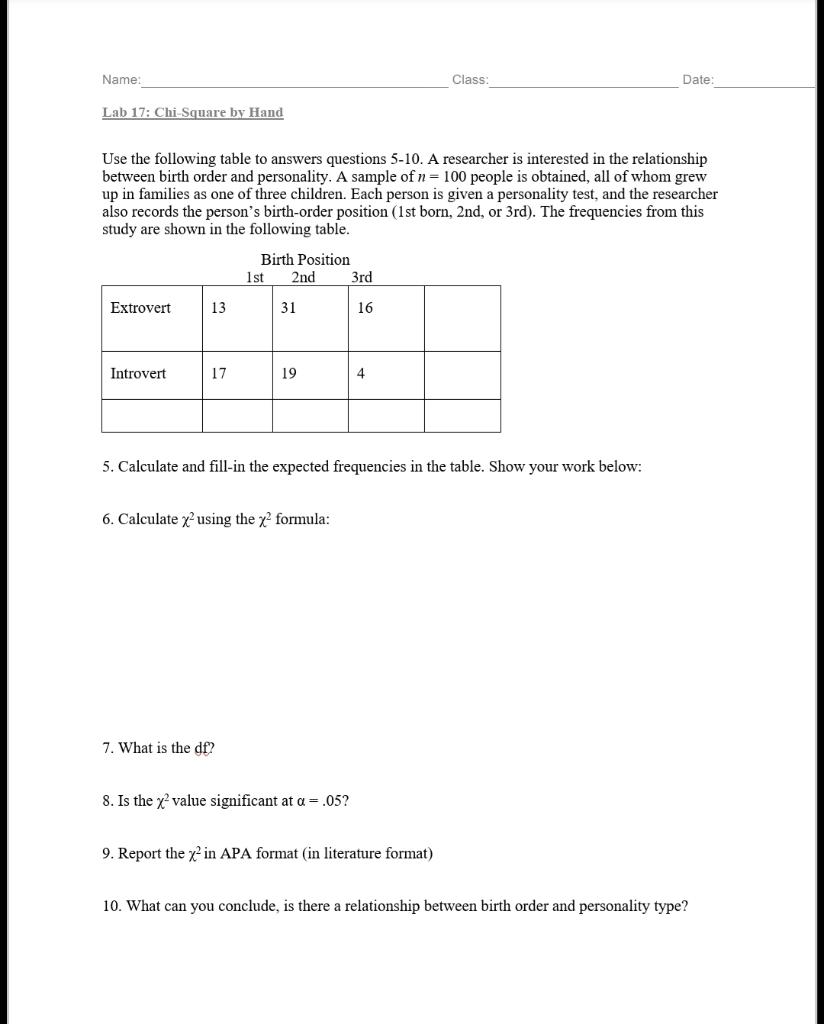 Solved Name: Class Date: Lab 17: Chi Square by Hand Use the | Chegg.com