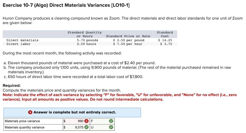 Solved Exercise 10 7 Algo Direct Materials Variances 