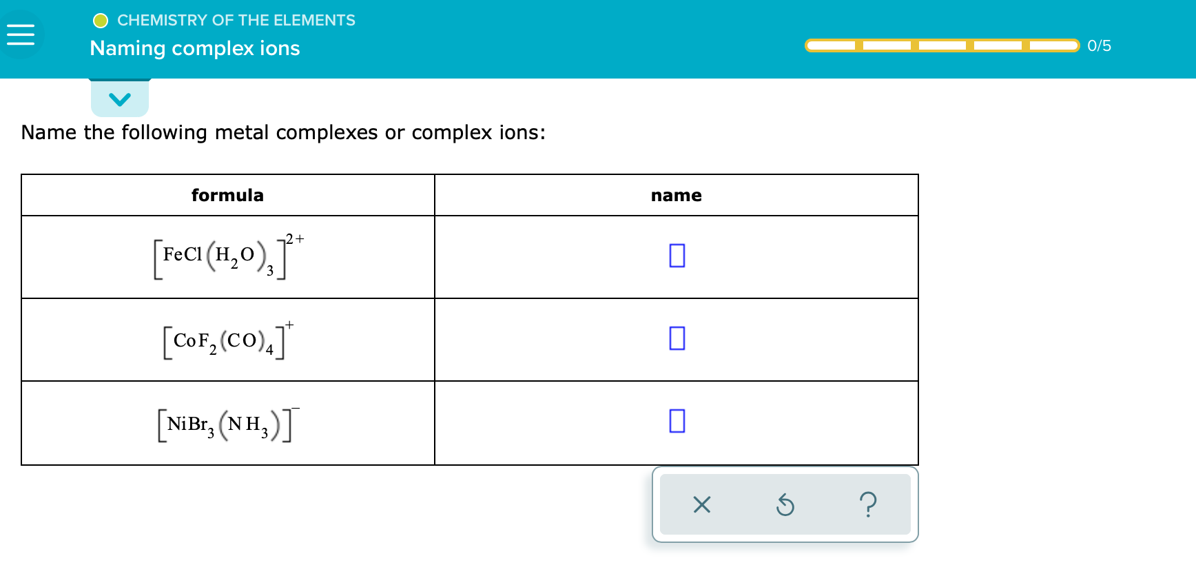 Solved CHEMISTRY OF THE ELEMENTS = Naming complex ions 0/5 | Chegg.com