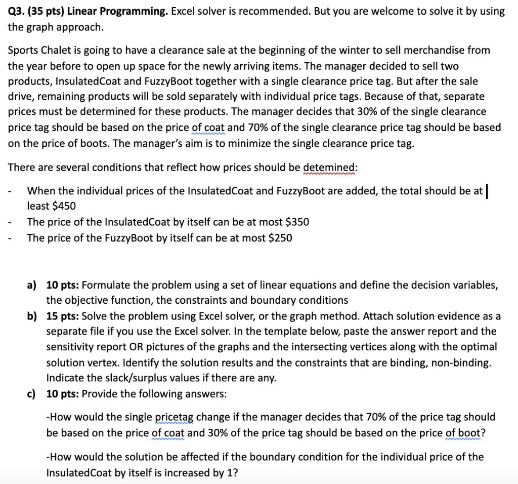 Solved Q3. (35 pts) Linear Programming. Excel solver is | Chegg.com