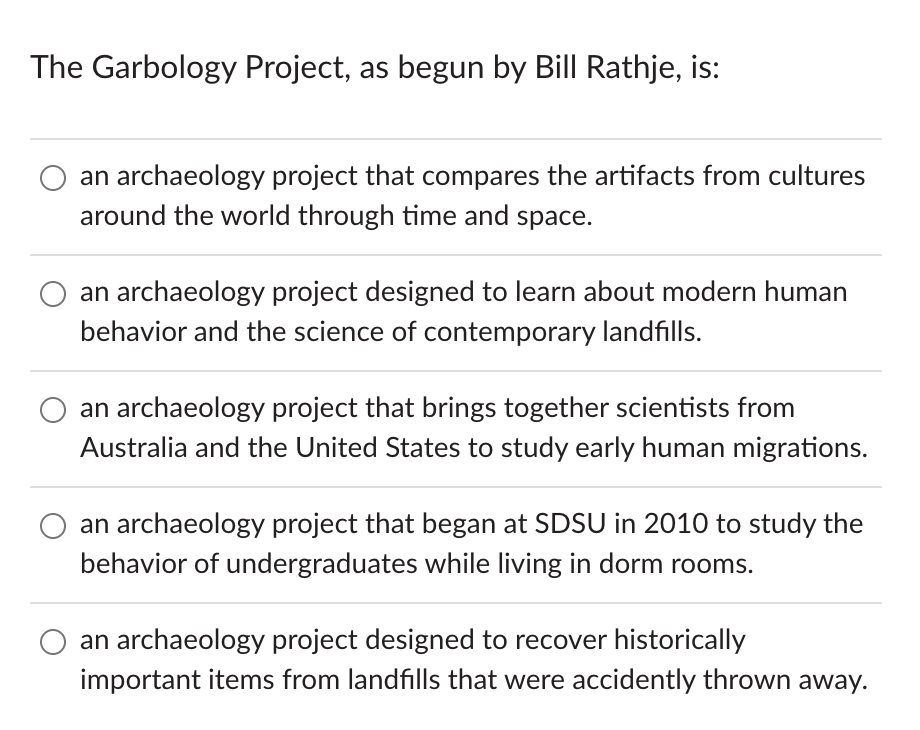 The Garbology Project, as begun by Bill Rathje, is: | Chegg.com