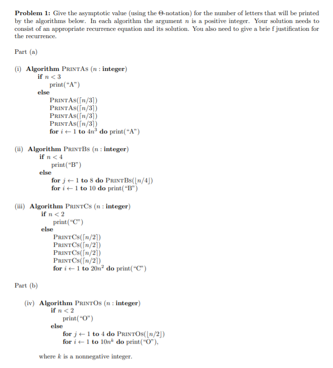 Solved Problem 1: Give the asymptotic value (using the | Chegg.com