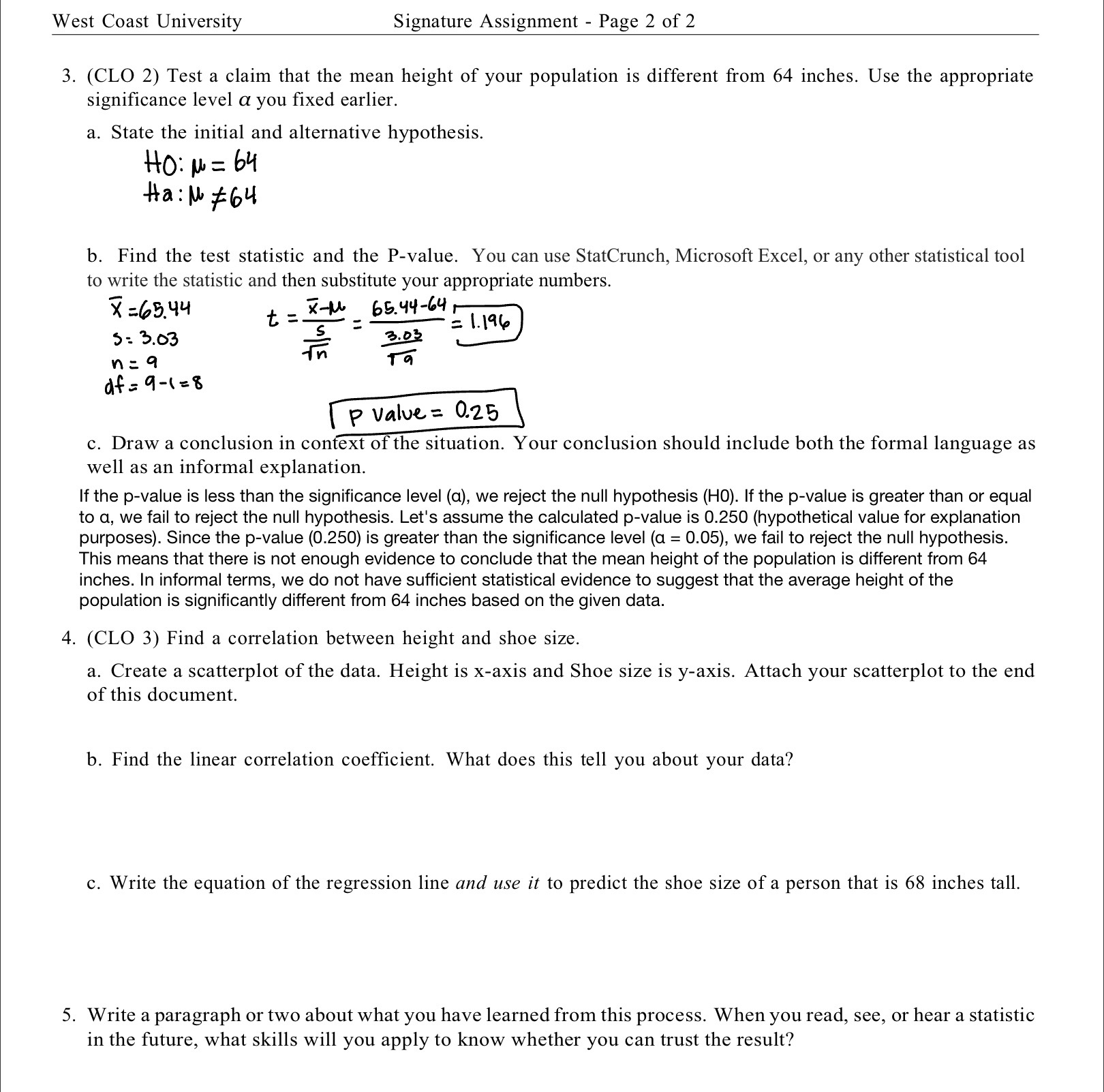 Solved 3. (CLO 2) Test a claim that the mean height of your | Chegg.com