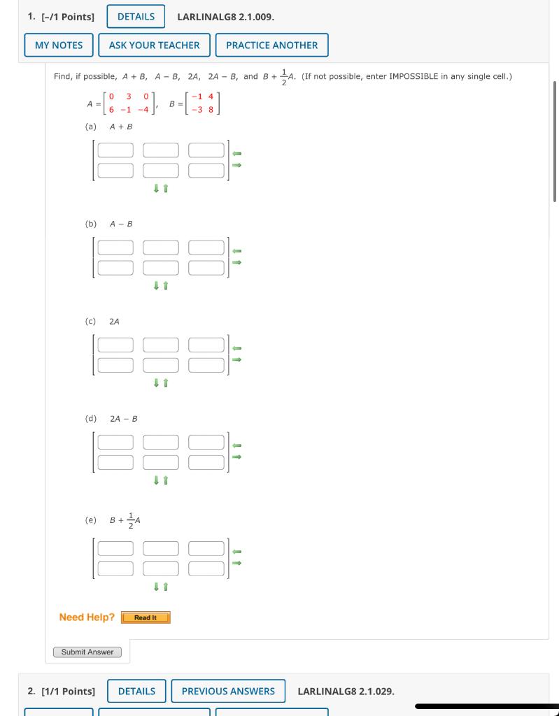Solved nd, if possible, A+B,A−B,2A,2A−B, and B+21A. (If not | Chegg.com