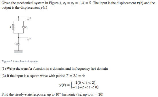 Solved Given the mechanical system in Figure 1,c1=c2=1,k=5. | Chegg.com