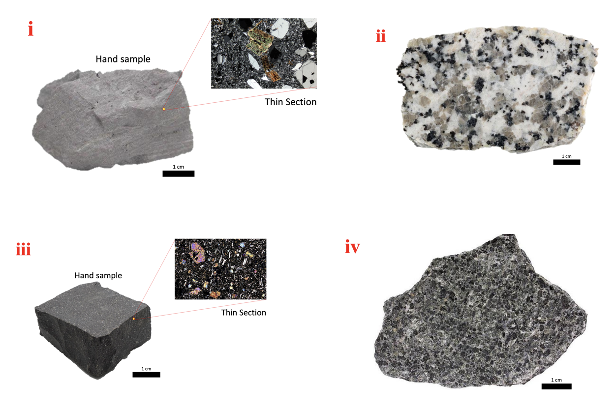 Solved Four igneous rock samples (i-iv) (some has thin | Chegg.com