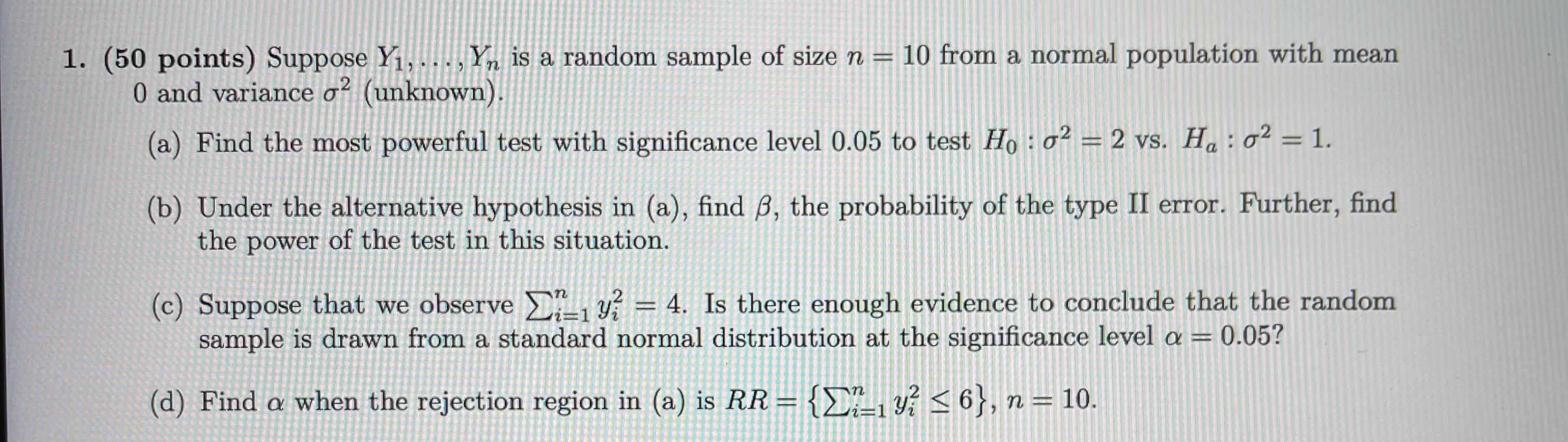 Solved 1. (50 points) Suppose Y1,...,Yn is a random sample | Chegg.com