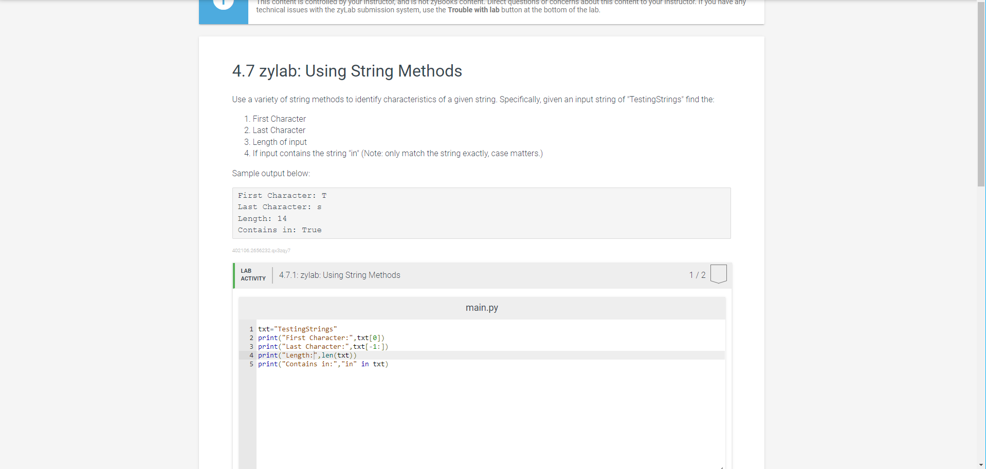Solved 4.7 zylab: Using String Methods Use a variety of | Chegg.com Solved 4.7 zylab: Using String Methods Use a variety of | Chegg.com