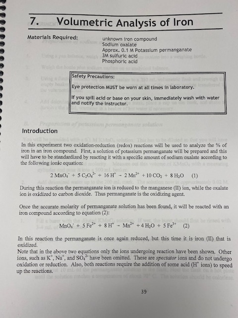 Solved 7. Volumetric Analysis of Iron Materials Required: | Chegg.com