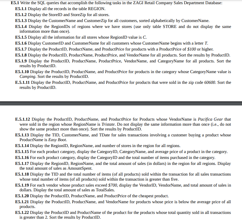 Solved E5.1 ﻿Write the SQL queries that accomplish the | Chegg.com