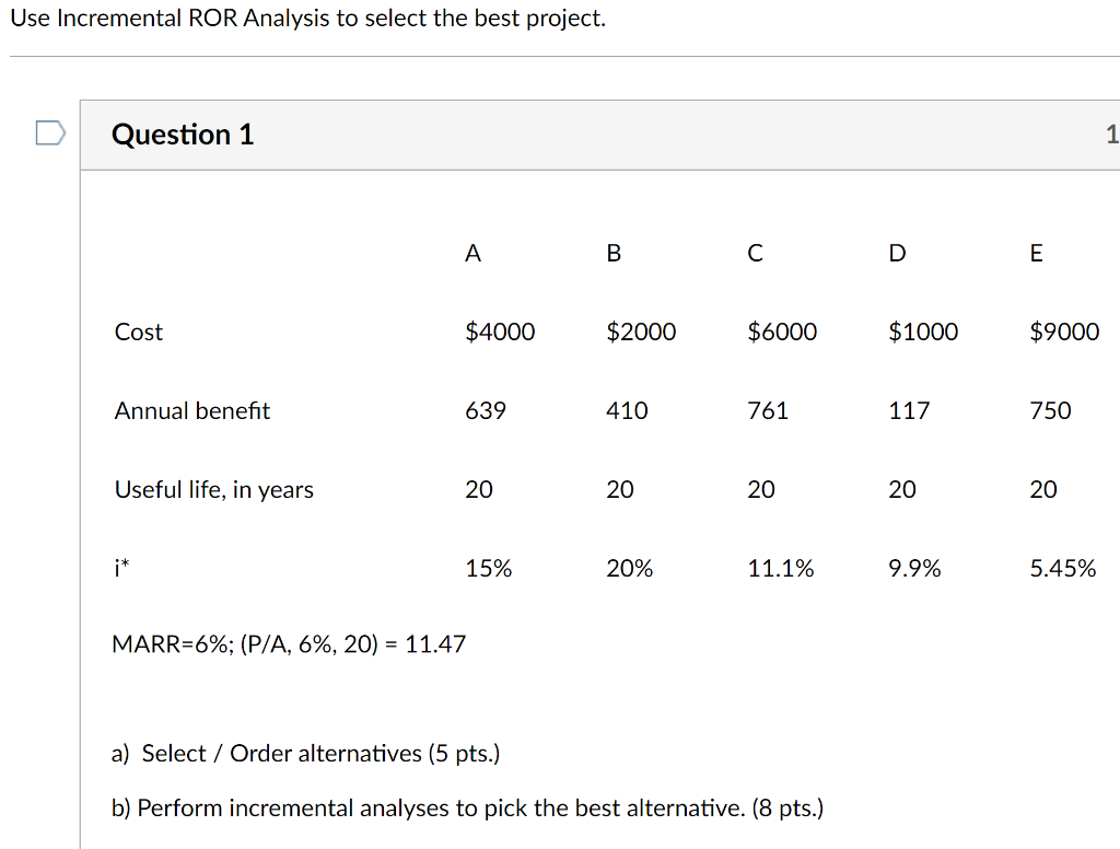 Solved Use Incremental ROR Analysis to select the best | Chegg.com