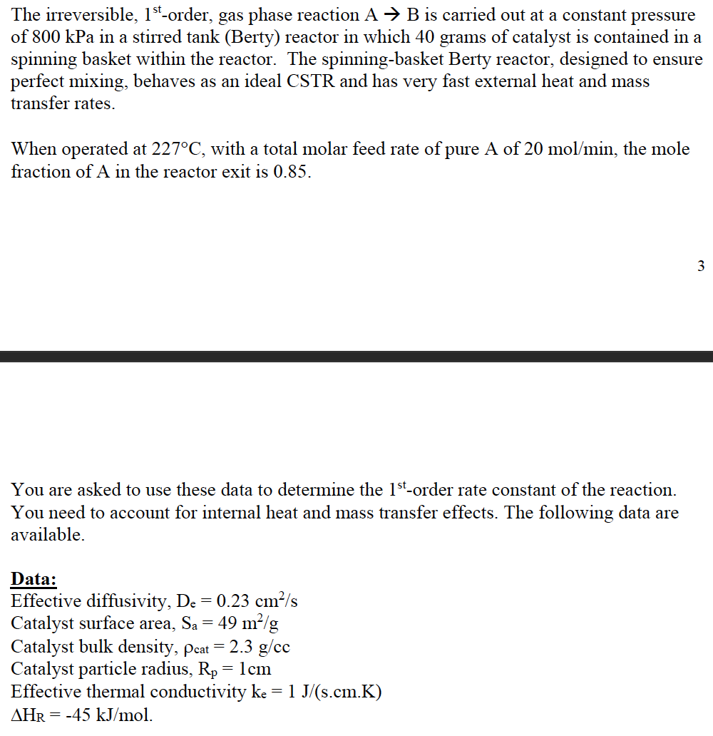 The irreversible, 1st-order, gas phase reaction A → B | Chegg.com