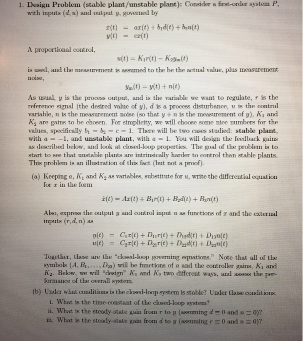1. Design Problem (stable plant/unstable plant): | Chegg.com