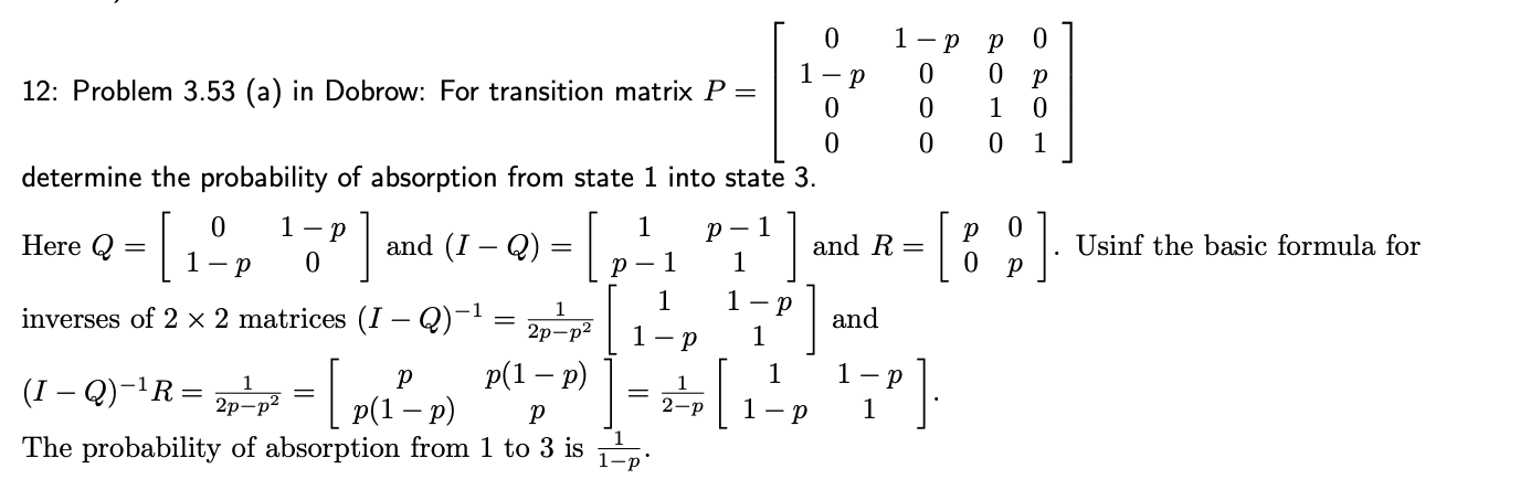 12: Problem 3.53 (a) in Dobrow: For transition matrix | Chegg.com