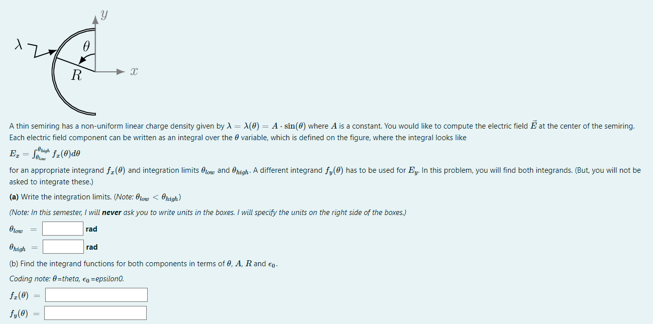 Solved A thin semiring has a non-uniform linear charge | Chegg.com