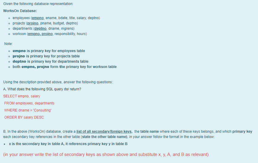 Solved Given the following database representation: Works On | Chegg.com