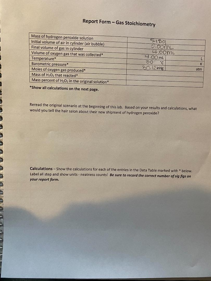 Solved Report Form - Gas Stoichiometry Mass of hydrogen | Chegg.com