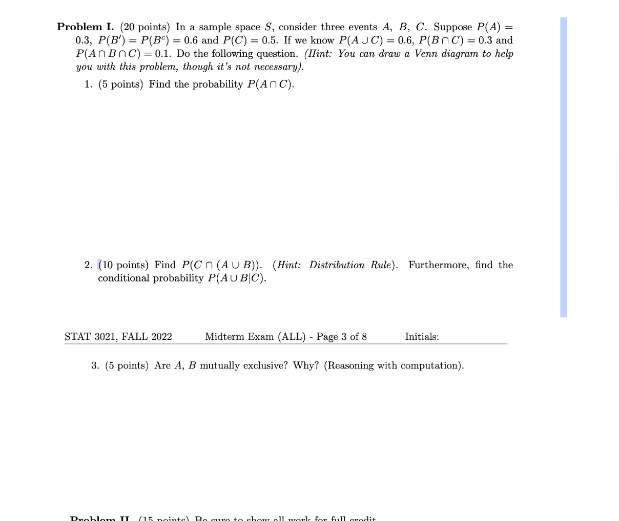 Solved Problem I. (20 points) In a sample space S, consider | Chegg.com