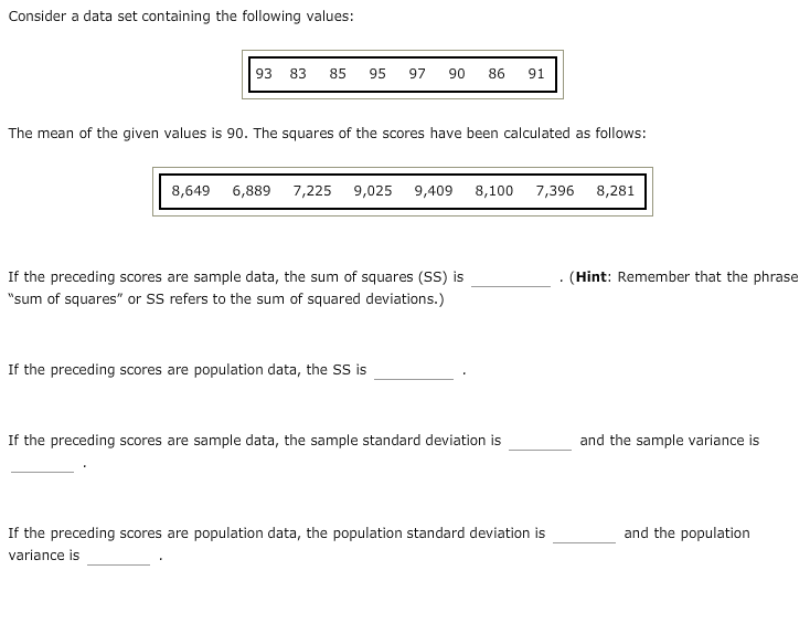 Solved Consider a data set containing the following values: | Chegg.com