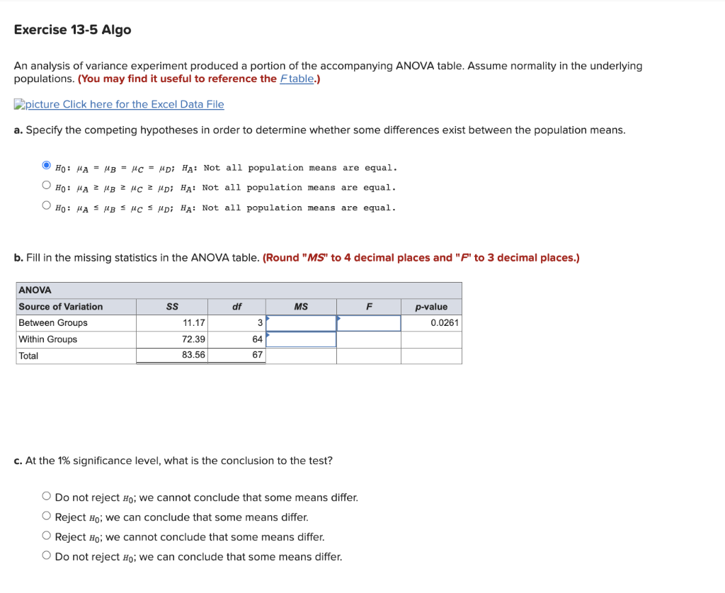 Exercise 13-5 Algo An analysis of variance experiment | Chegg.com