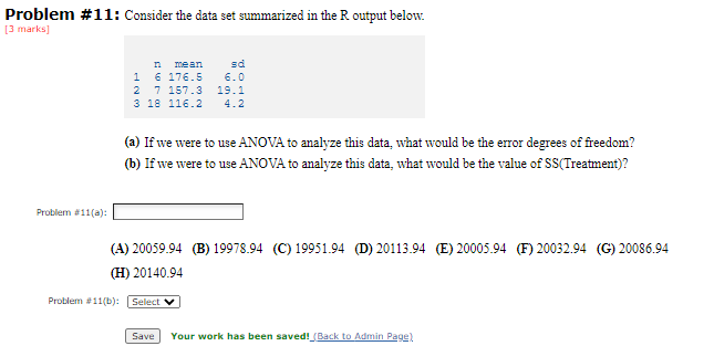 Solved Problem #11: Consider the data set summarized in the | Chegg.com
