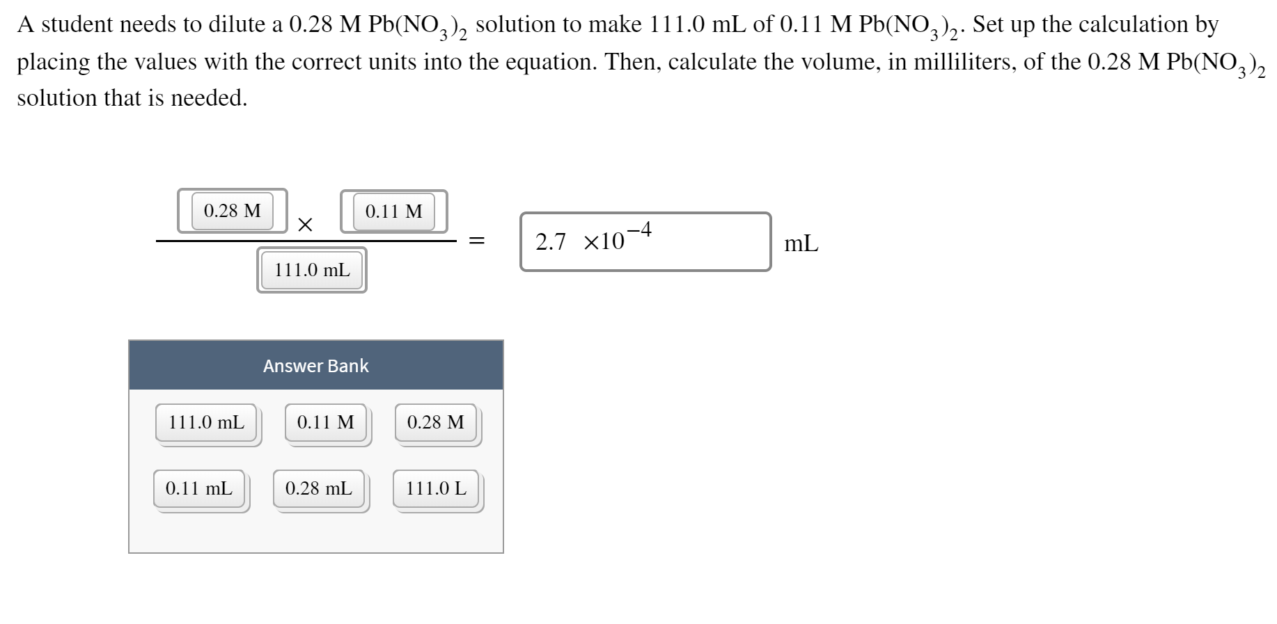 Solved A student needs to dilute a 0.28 M Pb(NO3), solution | Chegg.com